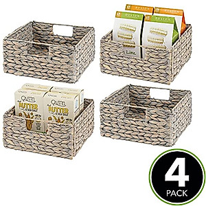 mDesign Woven Hyacinth Storage Bin Basket Organizer with Handles for Organizing Kitchen Pantry, Cabinet, Cupboard, Shelves - Holds Food, Drinks, Snacks - 4 Pack - Gray Wash