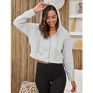 Yimoon Cropped Zip Up Hoodie for Women Waffle Knit Vintage cropped Sweatshirt Casual Long Sleeve Hooded crop jacket(Grey-L)