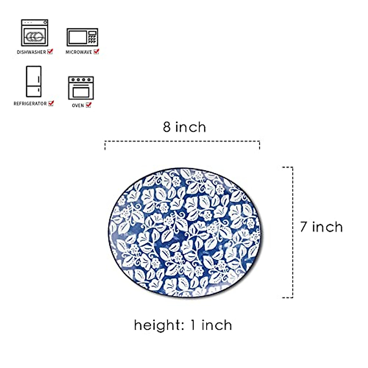 Selamica Porcelain Shallow Oval Dinner Plates, 8 inch Dessert Pasta Salad Curve Plates, Microwave/Dishwasher/Oven safe, Set Of 6, Vintage Blue