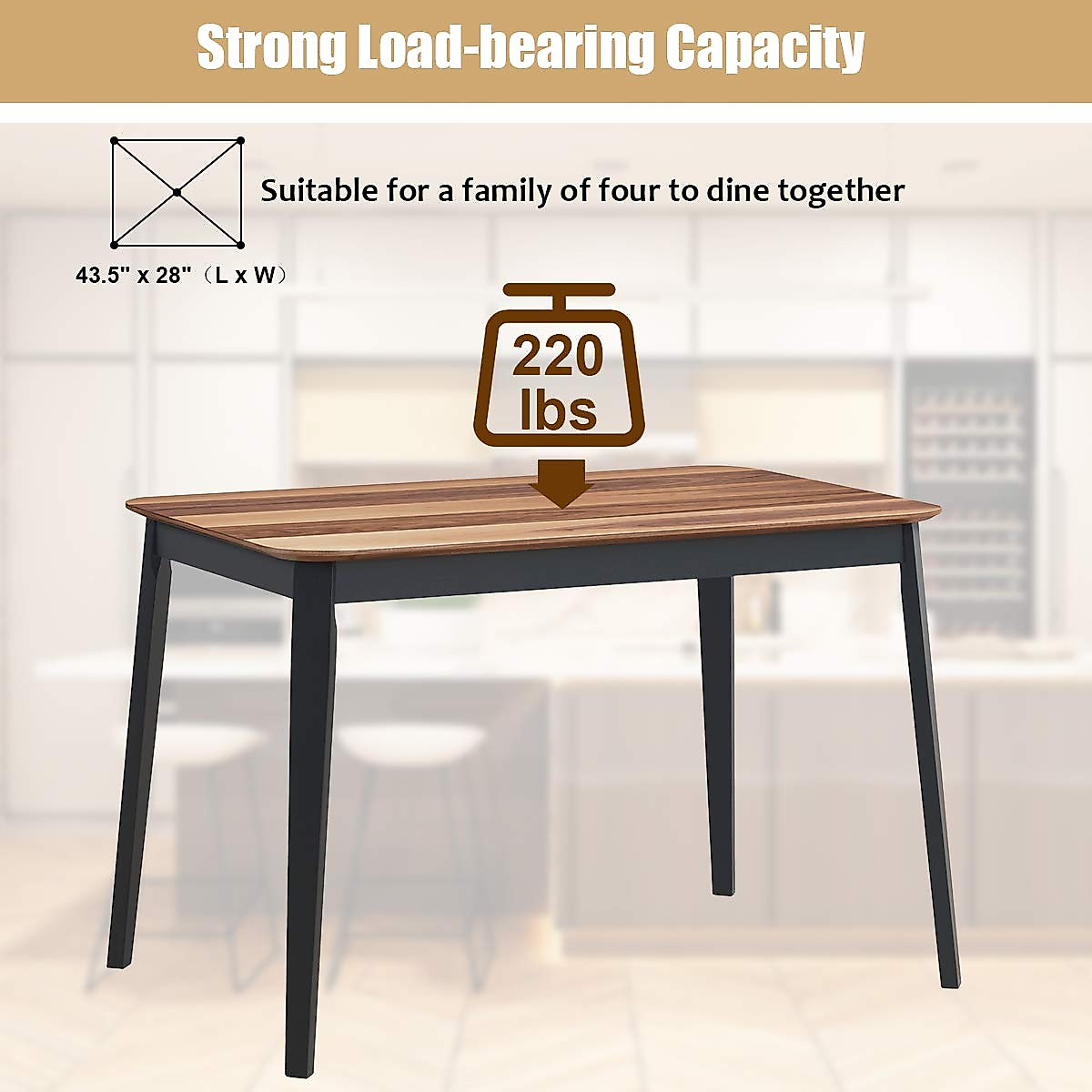 Giantex 43.5" L Rectangular Dining Table, Farmhouse Dinette Table w/ 4 Rubber Wood Legs, Kitchen Dinner Table for Kitchen Dining Room Living Room (Walnut & Black)