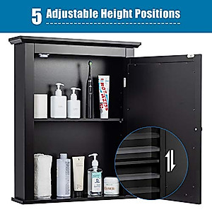 Tangkula Bathroom Cabinet with Mirror, Mirrored Wall-Mounted Storage Medicine Cabinet with Single Door & Adjustable Shelf in 5 Positions, Multipurpose Wall Cabinet for Bathroom Vestibule (Black)