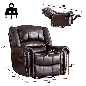 CANMOV Leather Recliner Chair, Classic and Traditional Manual Recliner Chair with Comfortable Arms and Back Single Sofa for Living Room, Brown