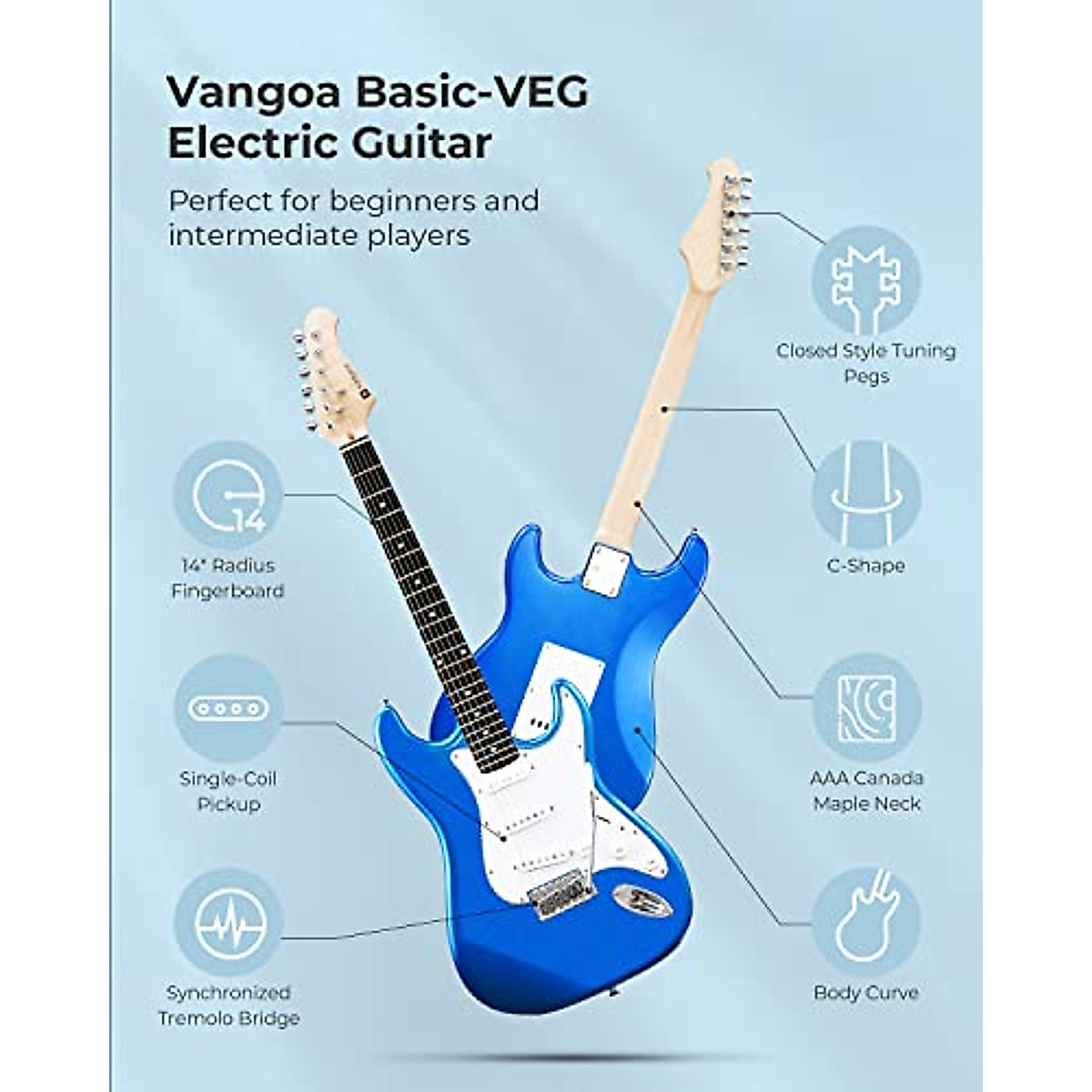 Electric Guitar 39 Inch Full Size Electric Guitar Beginner Starter Kit Bundle with Folding 10W Amp for Adults Teens,Metallic Blue, by Vangoa
