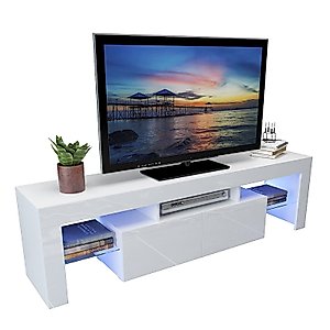 mecor White TV Stand, Modern LED TV Stand w/12 Colors&Remote Control Lights,High Gloss TV Cabinet w/Storage&2 Drawers，65 Inch Entertainment Center for Living Room