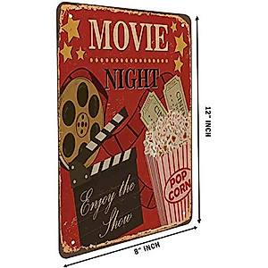 HOSNYE Movie Night Poster Tin Sign Enjoy The Show with Popcorn Red Background Vintage Metal Tin Signs for Men Women Wall Art Decor for Home Bars Clubs Cafes 8x12 Inch