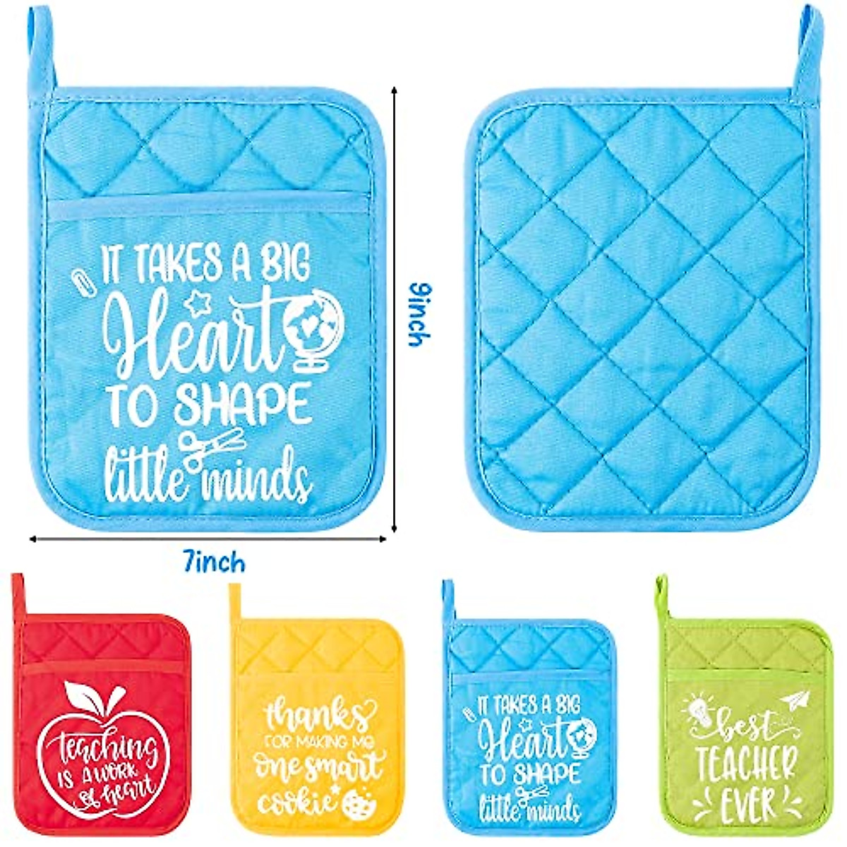 OSNIE 4Pcs Teacher Appreciation Pot Holders Heat Resistant Microwave Oven Mitt Potholders with Hand Pocket Hanging Loop Machine Washable Hot Pads Set End of The Year Teacher Gift for Cooking Baking
