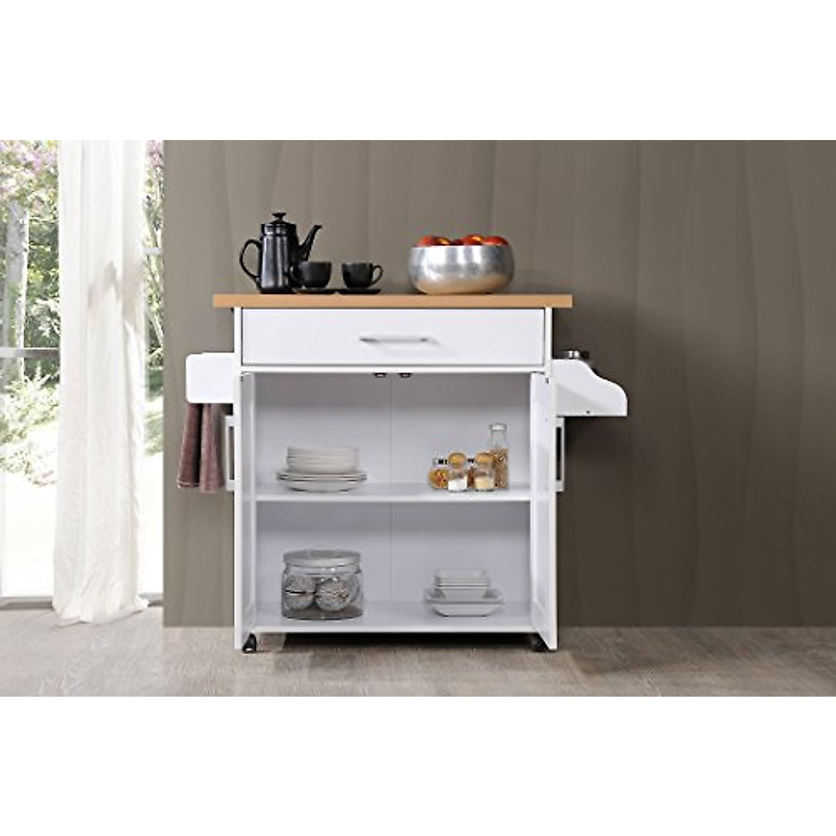 Hodedah Kitchen Island with Spice Rack, Towel Rack & Drawer, White with Beech Top, 15.5 x 35.5-44.9 x 35.2 inches