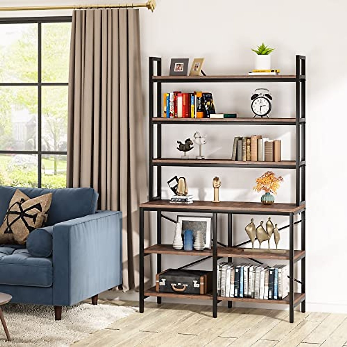 LITTLE TREE 6-Tier Tall Bookshelf with X-Shaped Frame, Industrial Bookcase with Storage, Utility Stand Shelf