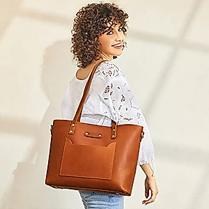 S-ZONE Women Genuine Leather Tote bags with Purse Organizer Shoulder Purses Vintage Handbags Top Handle Work (Red Brown)