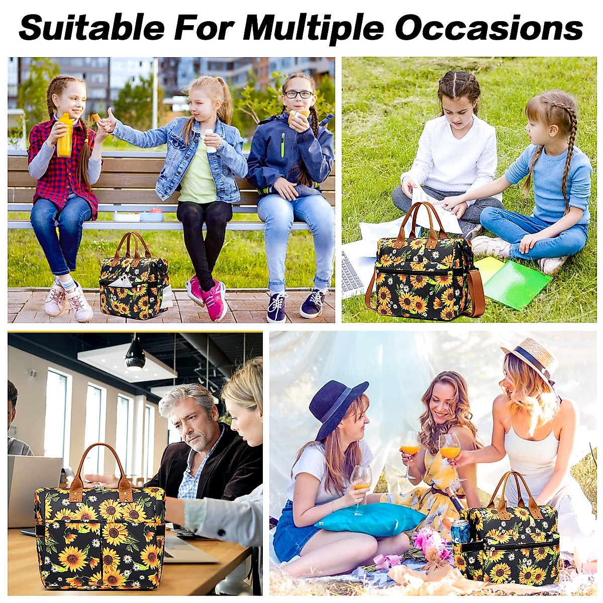 Idle Hippo Insulated Lunch Bag Large Lunch Box Container with Multi-Pockets Leakproof Cooler Tote Bag with Adjustable Shoulder Strap for Adult Men Women Work Office Picnic-Sunflowers