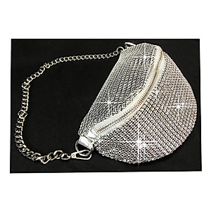 Zzfab Mesh Bing Fanny Crossbody Bags Rhinestone Clutches bling Evening Purse for Wedding and Prom Silver