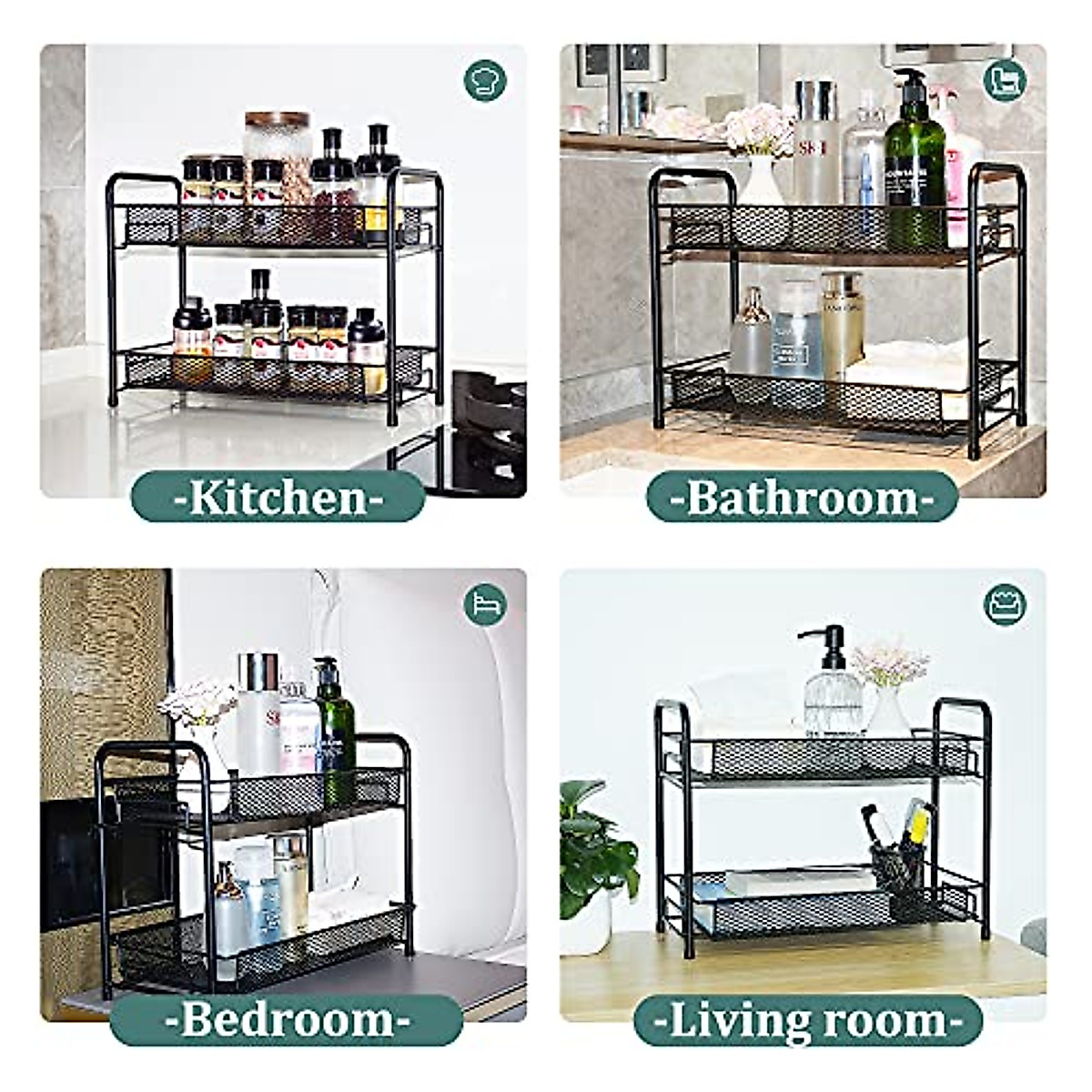 Spice Rack Organizer for Countertop,Xpatee 2-Tier Foldable Metal Rust-Proof Standing Large Seasoning Storage Shelf with Guardrail and Mesh Design for Kitchen Cabinet Bathroom Makeup Living Room Pantry Office, Black