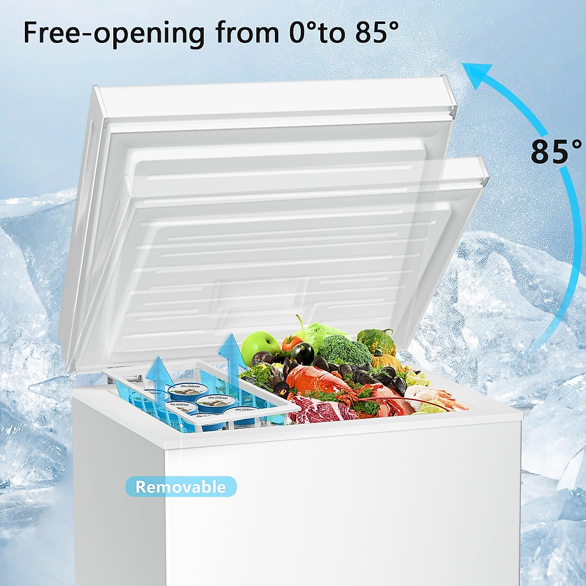 R.W.FLAME Chest Freezer 2.8 Cubic Feet, Deep Freezer with Basket Adjustable Temperature, Energy Saving, Top open Door Compact Freezer, White