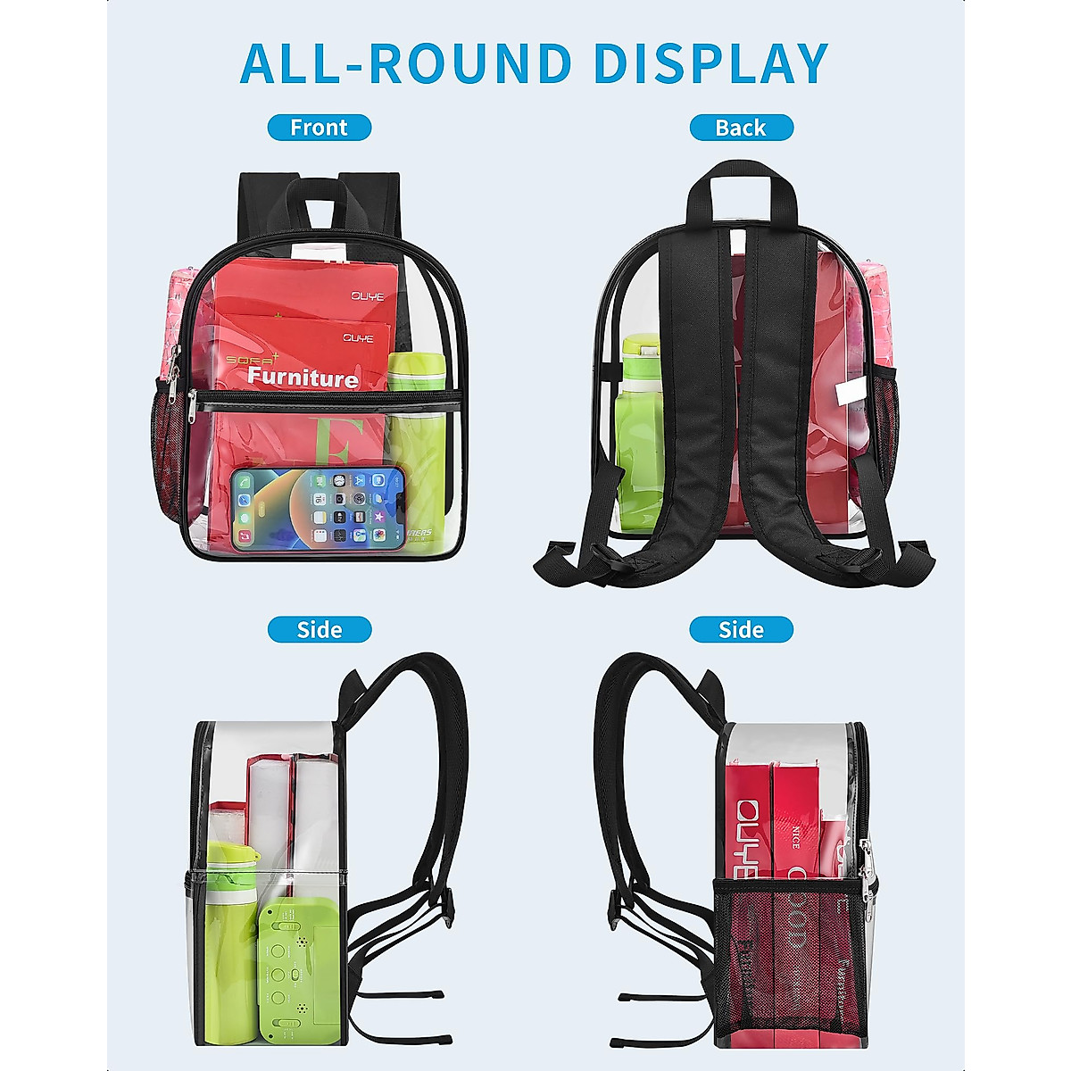 Paxiland Clear Backpack Stadium Approved 12×12×6, Clear Backpack Heavy Duty with Wider Shoulder Straps, Clear Mini Backpack for Concert Sport Events Work Travel School