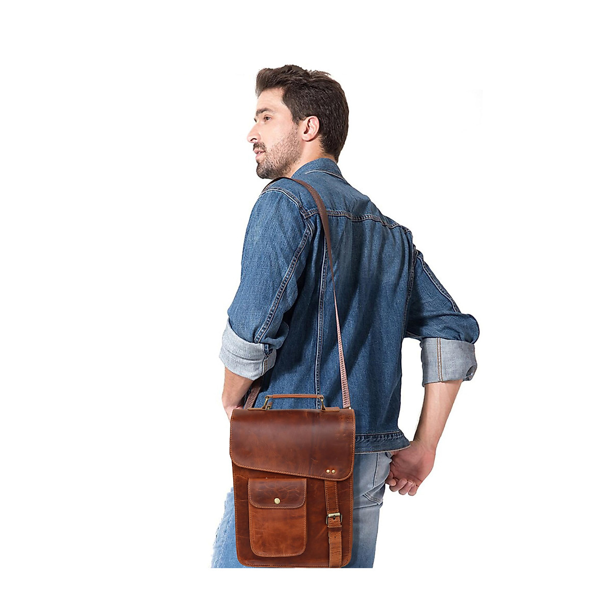 13" leather messenger bag laptop case office briefcase gift for men computer distressed shoulder bag