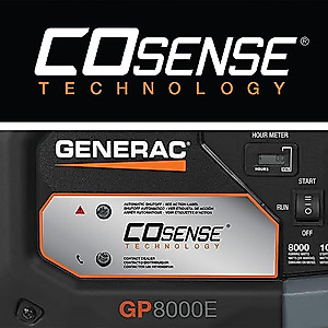 Generac 7715 GP8000E 8,000-Watt Gas-Powered Portable Generator - Electric Start with COsense - Powerrush Advanced Technology - Reliable Power for Emergencies and Recreation - 49 State Compliant