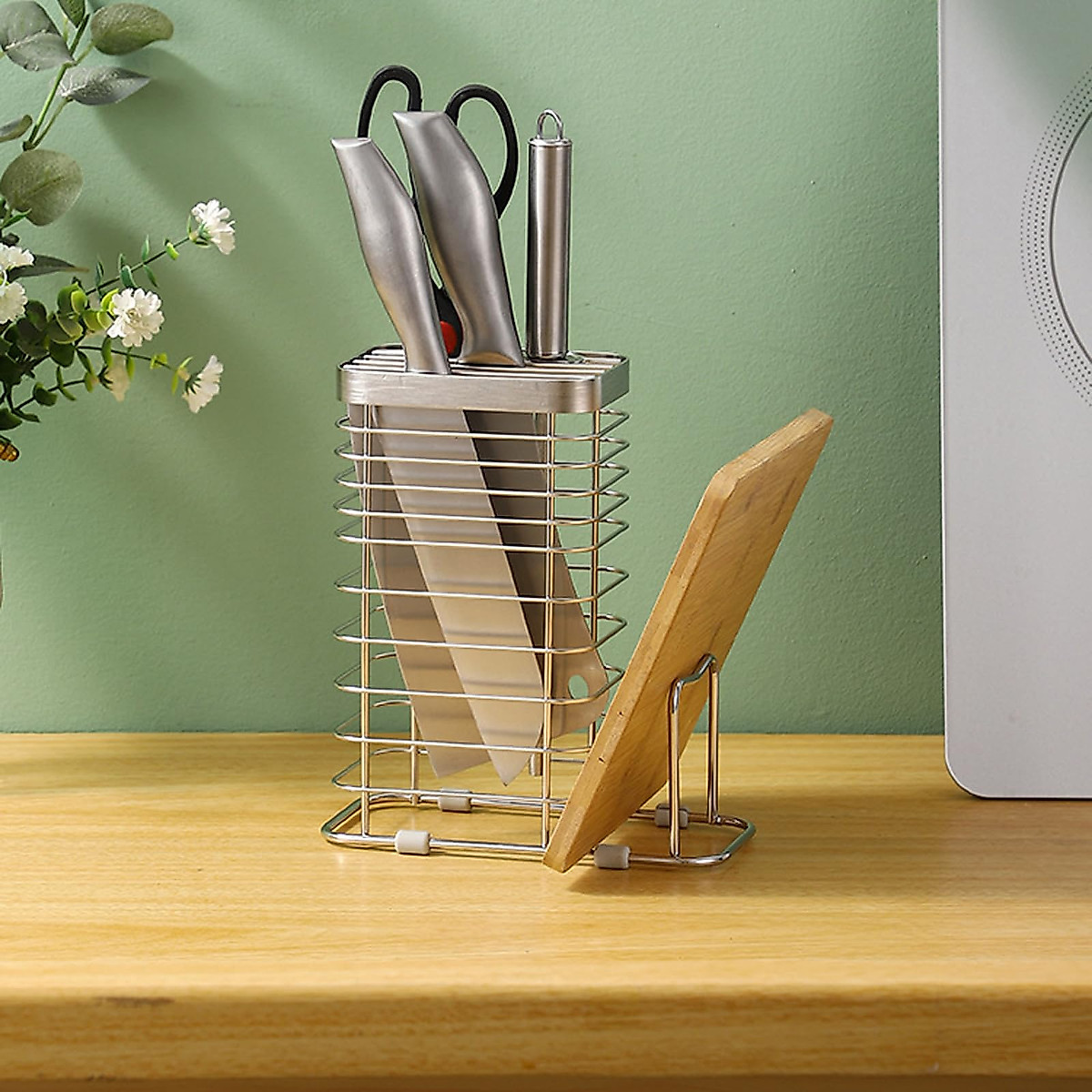 Hemoton Stainless Steel Knife and Cutting Board Stand, Knife Block Holder, Kitchen Knife Holder Storage Organizer, Kitchen Utensils Holder, Cutting Board Rack, Pot Pan Lid Holder for Counter, Cabinet