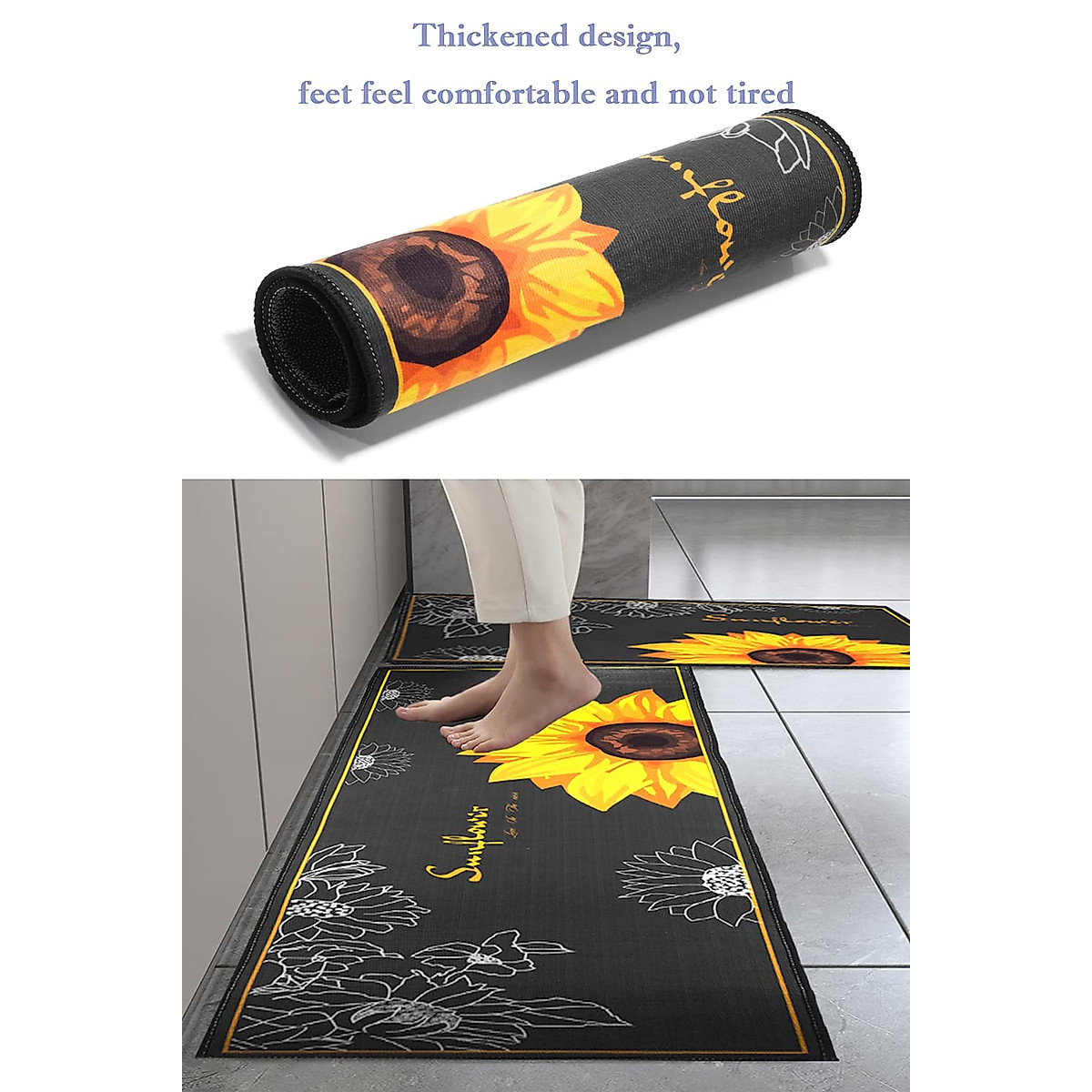 Sunflower Kitchen Mat, 2 Pieces Soft Sunflower Kitchen Rugs Washable Kitchen Floor Mats Kitchen Decor Rugs for in Front of Sink, Hallway, Laundry Room(47.4"x15.7"+23.6"x15.7") - 0.2" Thick Polyester
