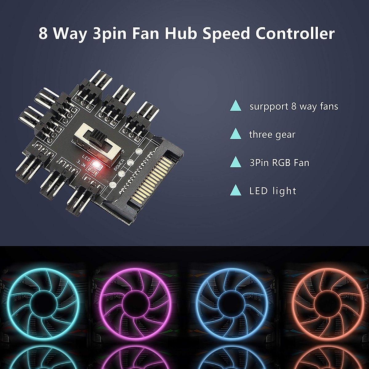 GELRHONR Chassis Fan Hub, SATA 1 to 8 Way12V 3 PIN Cooling Fan Splitter Controller Hub 3 Pin PWM for PC Desktop Computer Motherboard(12V 3-Pin)