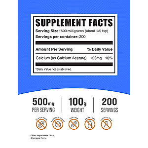 BulkSupplements.com Calcium Acetate Powder - Calcium Supplement, Calcium Acetate Supplement - Food Grade & Gluten Free, 500mg (125mg Calcium) per Serving, 100g (3.5 oz) (Pack of 1)