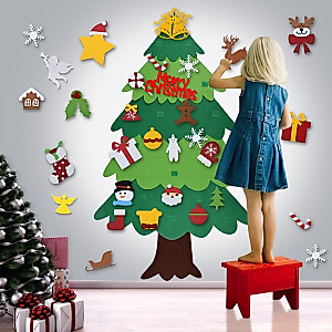 WooEver DIY Felt Christmas Tree Set 3.5ft, Xmas Decorations Wall Hanging 33 Detachable Ornaments with String Light Kids Gifts New Year Party Supplies (Batteri Not Included)