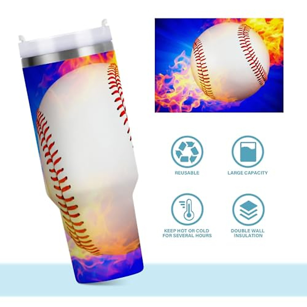 ODAWA 30 Oz Baseball Flames Blue Insulated Tumbler Cup with Lid and Straw, 2 in 1 Lid Insulated Stainless Steel Tumblers