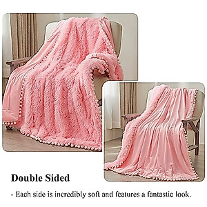XeGe Pom-pom Fluffy Faux Fur Throw, Luxury Soft Pink Fuzzy Blanket 50x60, Cute Furry Decorative Couch Blanket for Kids to Adults