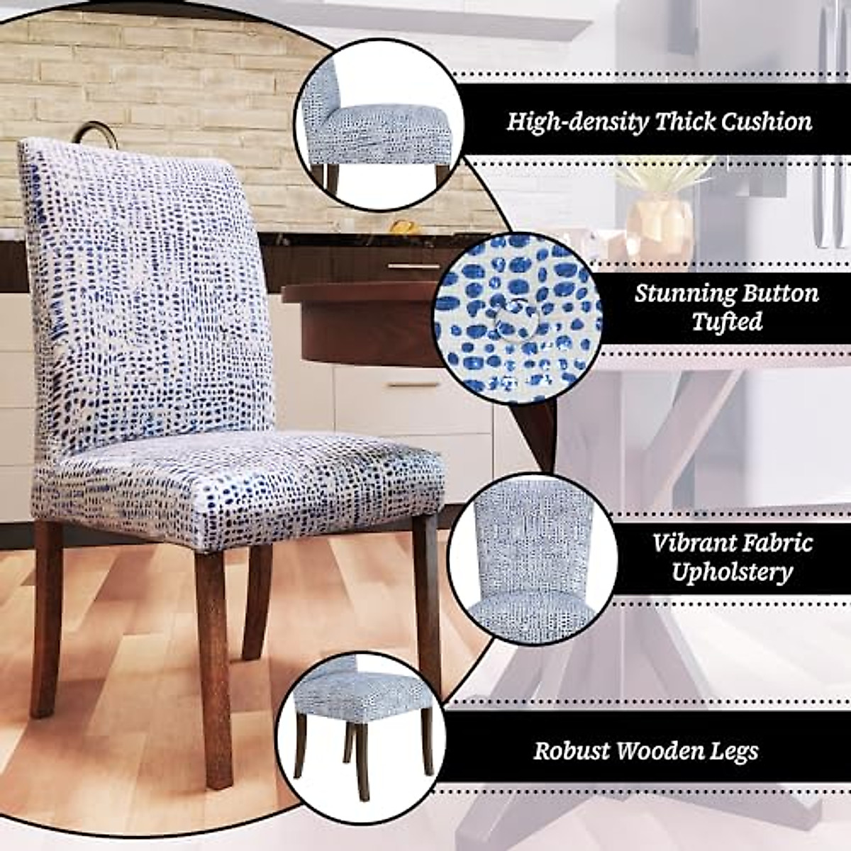 Sole Designs Julia Collection Contemporary Dining Room Chairs, Sediment Print Fabric Upholstered Parsons Seat with Button Tufted Backrest, Set of 2, Set of 2, Blue