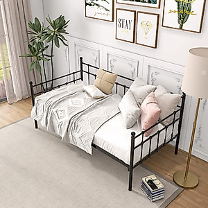 Lierpit Twin Size Victorian Style Daybed Frame with Headboard, Multifunctional Metal Platform Bed Sofa for Guest Living Room (Black)