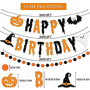 PTFNY Glittery Halloween Happy Birthday Banner Black Orange Halloween Birthday Bunting Banner Halloween Circle Dots Garland Halloween Themed Birthday Party Decorations for Wall Fireplace Party Decor