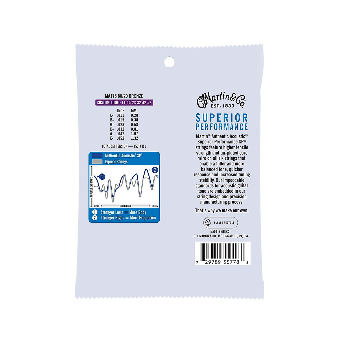 Martin Authentic Acoustic Guitar Strings, Superior Performance Custom Light 11-52, 80/20 Bronze