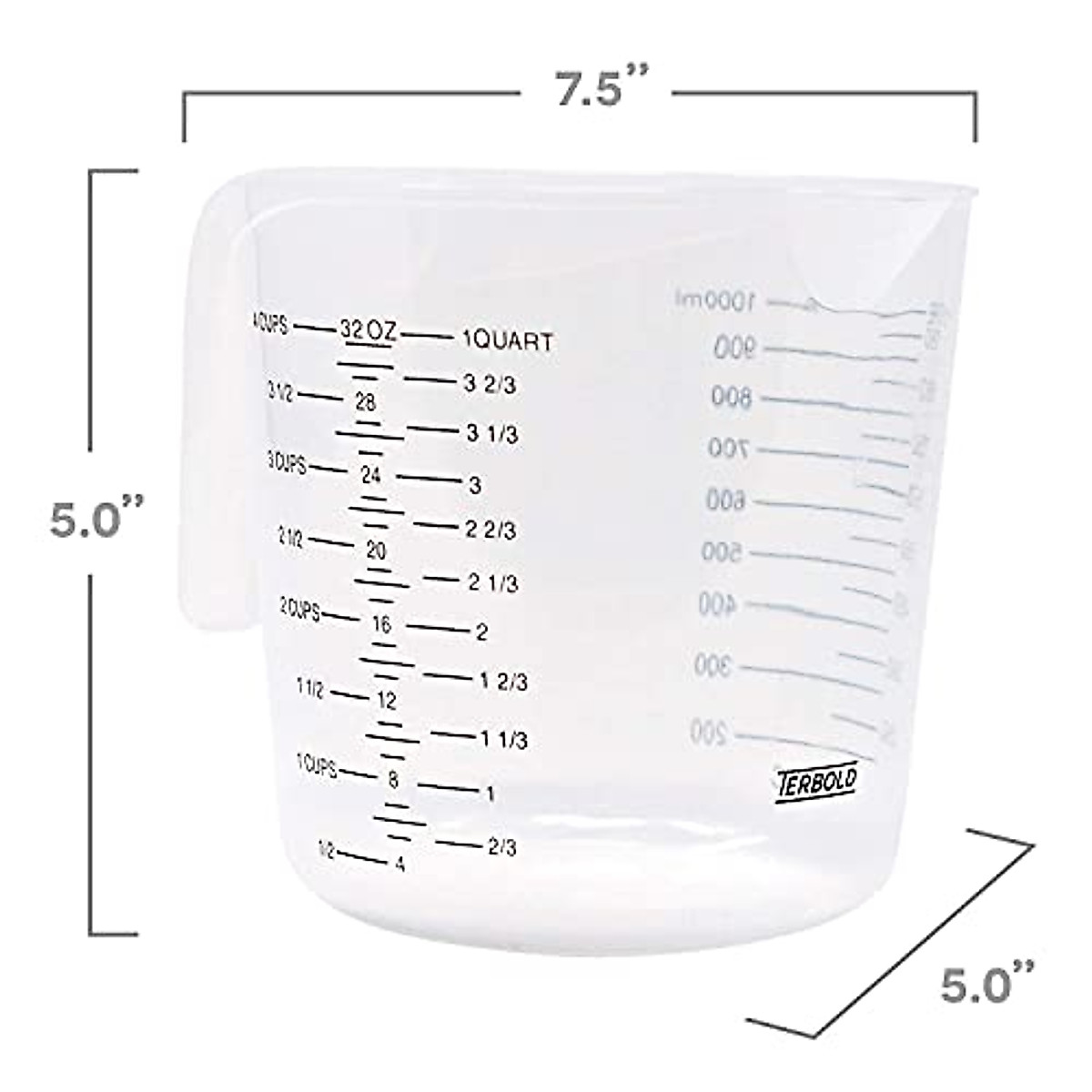 Terbold 3pc Measuring Cup Set in Clear Plastic with Long Handles - 1 Cup, 2 Cup, 1 Quart Sizes