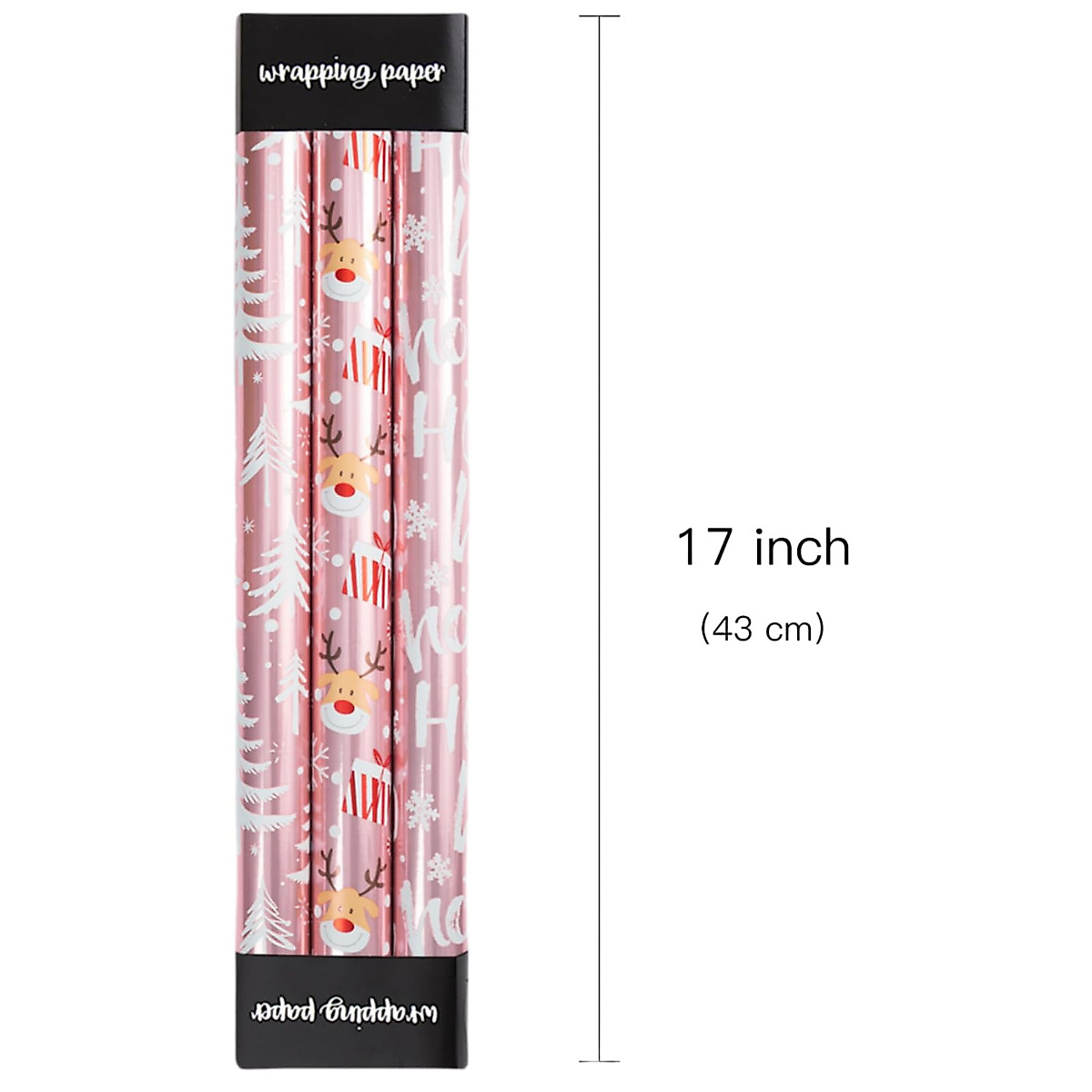 Afucus Reversible Pink Christmas Wrapping Paper, Christmas Tree, Joy Candy Cane, Snowflake, Reindeer, and HO Santa Laughter Themed Gift Wrap Paper, Mini Rolls for Christmas (17 Inch X 120 Inch)
