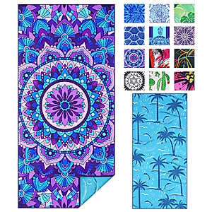 Microfiber Sand Free Beach Towel Thin Quick Dry Super Absorbent Large Lightweight Towels for Travel Sports Pool Swimming Bath Yoga Girls Women Adults Boho Palm Tree Blue Mandala