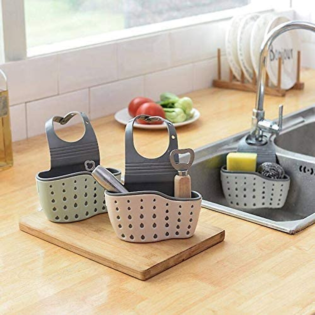 2 Pack Kitchen Sponge Holder, Kitchen Sink Organizer, Sink Caddy, Sink Tray Drainer Rack, Brush Soap Towel Holder (Green+Green)