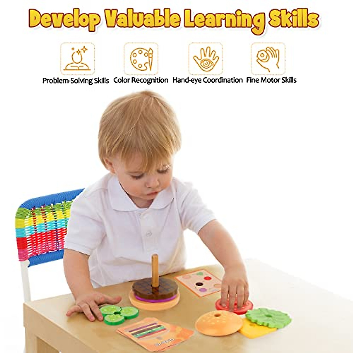 Aizweb Montessori Toys for 3 Year Old - Wooden Burger Stacking Toys for Toddlers and Kids Preschool, Educational Toys, Fine Motor Skill Toy, Blocks for Toddlers, Learning Toys Gift