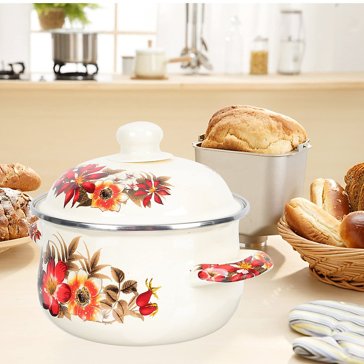 Hemoton 1PC Enamel Stew Pot Kitchen Stockpot Enamel Cooking Pot Thickened Stock Pot Vintage Enamel Stock Pot with Red Flower Enamelware Large Serving Pot Soup Basin