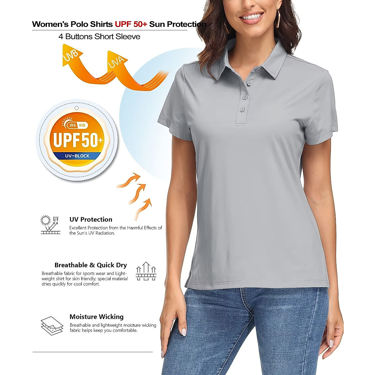 MAGCOMSEN Short Sleeve Golf Polo Shirts for Women Golf Shirts Work T Shirts Casual Shirts Quick Dry Shirts UPF 50+ Light Grey M