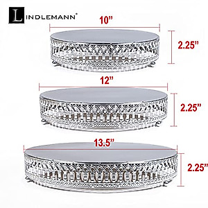 LINDLEMANN 3 Pack Decorative Cake Stands Metal Round Cupcake Holder Desserts Display Stand Set with Spatula for Birthday Celebration & Party Decorations (Silver, 10" | 12" | 13.5")