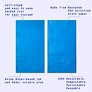 Party Favor Bag 50 pcs Food Safe Paper and Ink, Natural (Biodegradable), Vivid Colored Self-Stand Buffet Bags, Bottom Square Paper Treat Bag. with 60 pcs Stickers 1.5 inch. (Blue)…