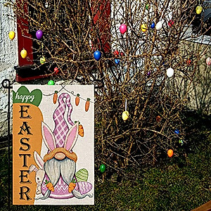 CROWNED BEAUTY Happy Easter Garden Flag Pink Gnome 12×18 Inch Double Sided Carrots Eggs Outside Vertical Holiday Yard Decor
