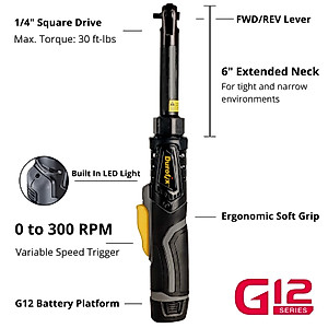 Durofix RW1216-2P G12 Series 12V Li-ion Cordless 1/4” 30 ft-lbs. Extended Ratchet Wrench Tool Kit with Canvas Bag
