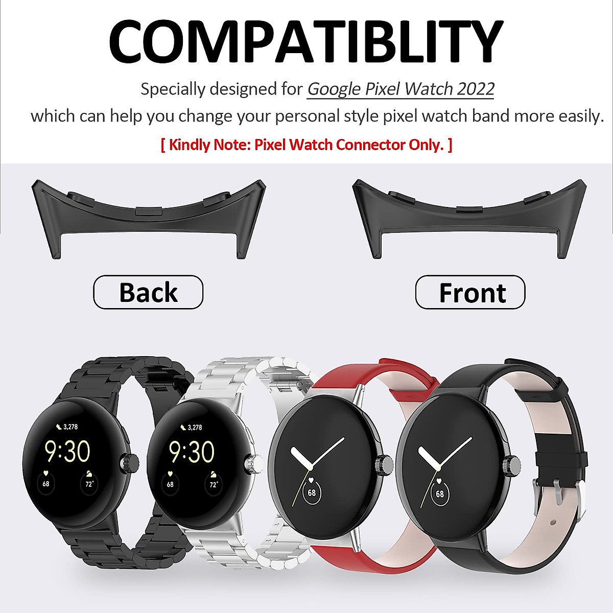 INGIDO (2 Pack) Watch Band Adapter for Google Pixel Watch 2 Connector, 20mm Stainless Steel Metal Replaceable Band Connection Adapter for Google Pixel Watch 2 2023, Pixel Watch 2022 Accessories Black