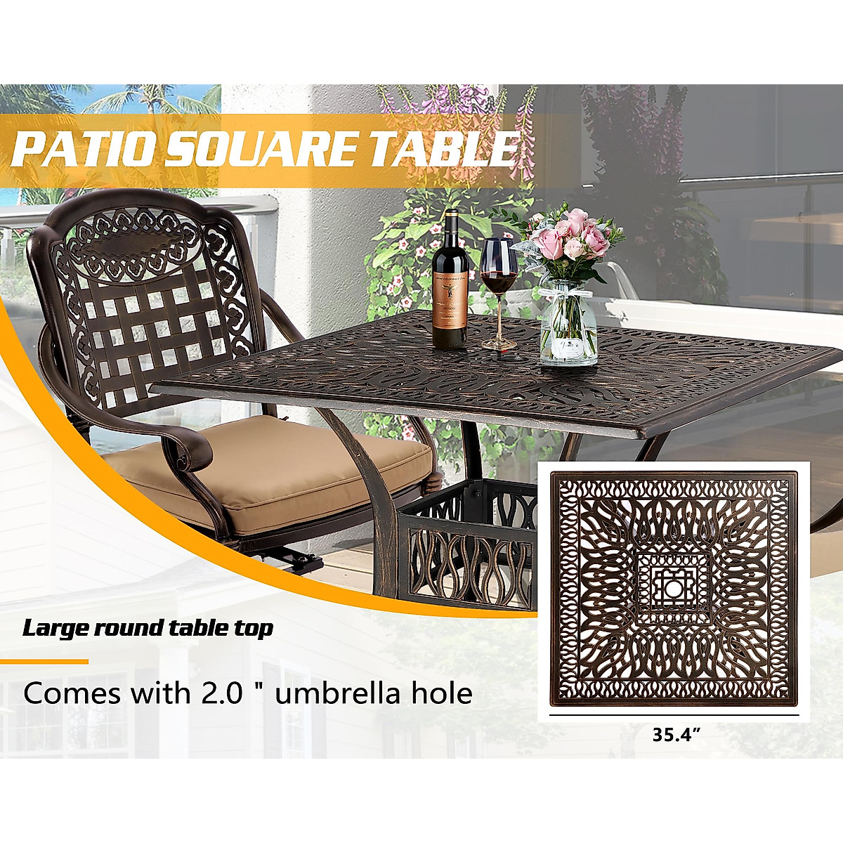 USSerenaY 5-Piece Outdoor Dining Set Cast Aluminum Patio Furniture Set All-Weather 4 Chairs and Dining Table with Umbrella Hole for Garden, Backyard (Braided+Khaki Cushion, Square Table)