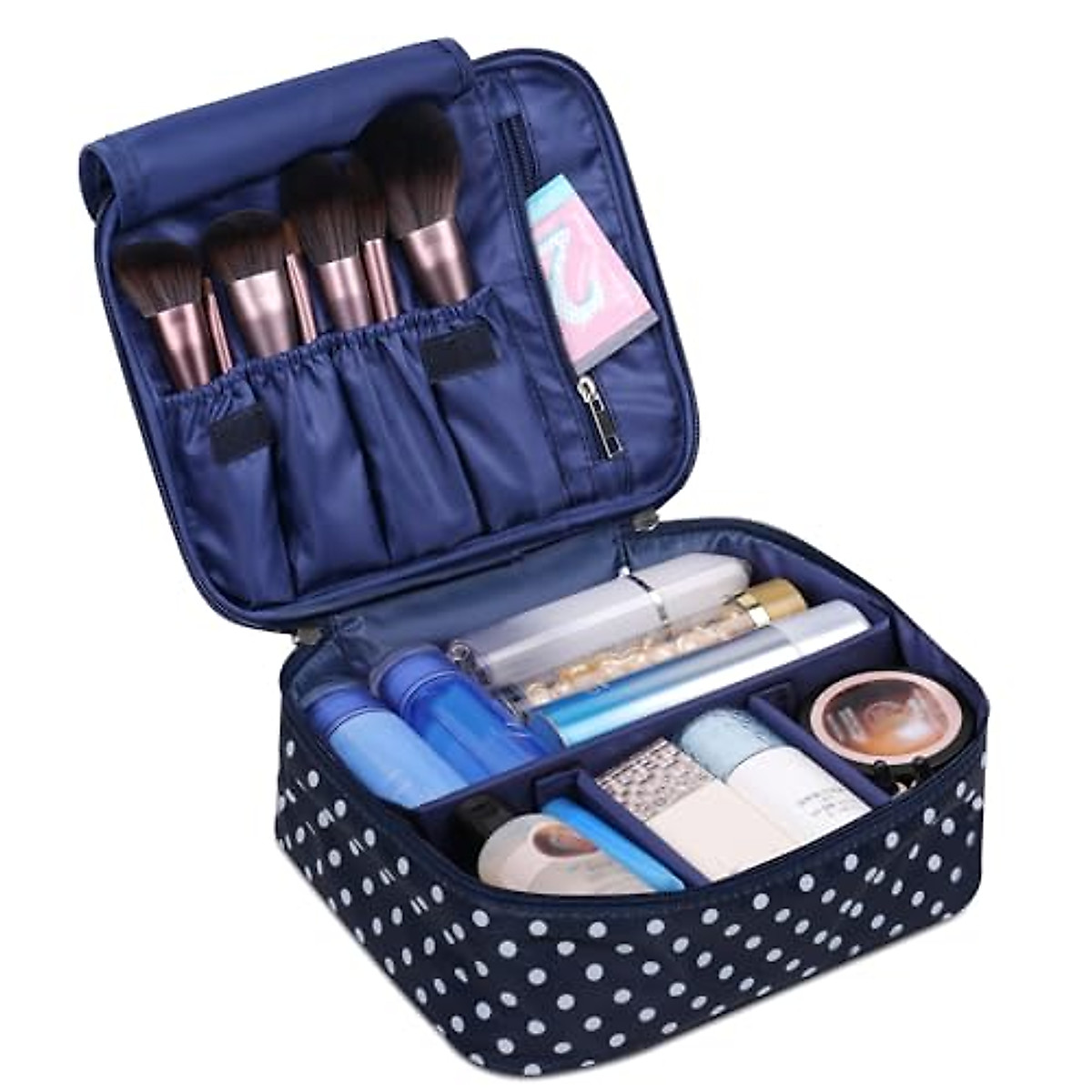 Narwey Travel Makeup Bag with Brush Compartments，Portable Cosmetic Bag，Make up Bag Makeup Organizer Case with Brush Storage for Women(Blue Polka Dot)