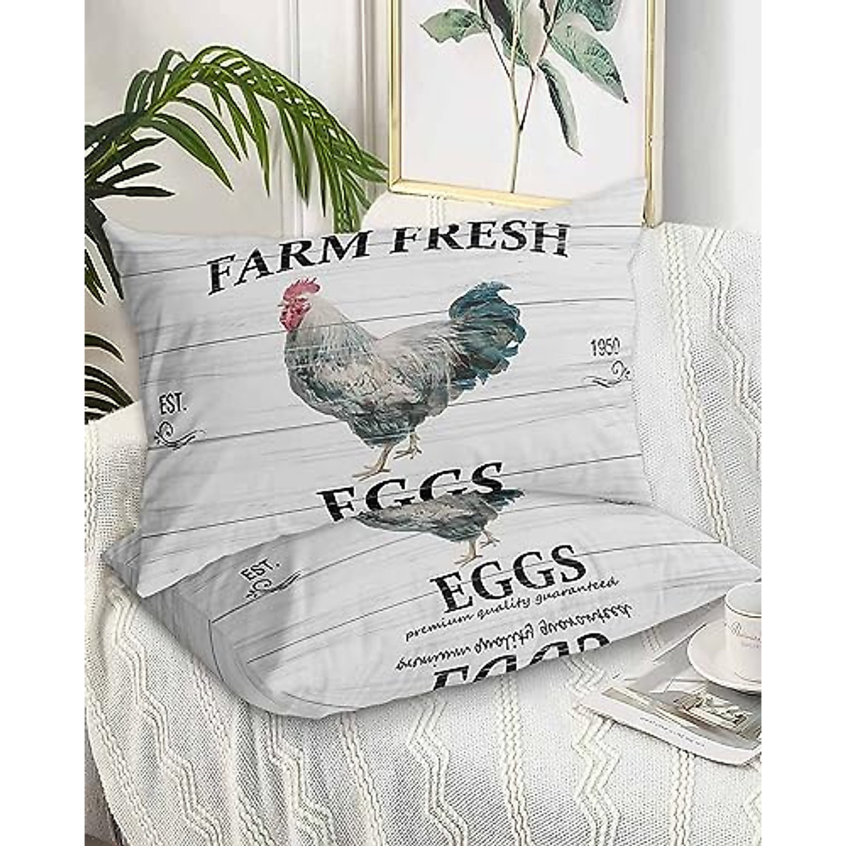 Edwiinsa Farmhouse Rooster Pillow Covers King Standard Set of 2 20x36 Bed Pillow, Farm Animals Rustic Oil Painting Wooden Plush Soft Comfort for Hair/Skin Cooling Pillowcases with Envelop Closure