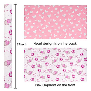 Flyhill Pink Adorable Elephant Baby Shower Wrapping Paper-Reversible Girly Baby Balloon & Love Heart Newborn Themed for Baby Shower,Birthday,Holiday-46.8sqft(17 In * 32.8 Ft)