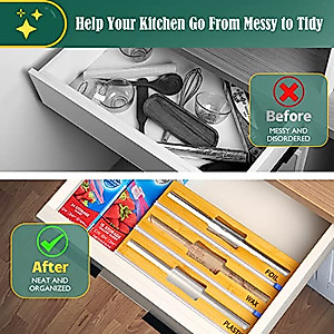 Calmbee Storage Bag Organizer and Wrap Dispenser with Cutter, 3 IN 1 Bamboo Foil and Plastic Wrap Organizer for Kitchen Drawer, Plastic Bag Organizer for Gallon, Quart, Sandwich, Snack