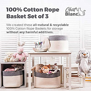 Cotton Rope Basket for Storage | 15"x10"x9" Set of 3 White & Gray Medium Storage Baskets for Organizing with Handles works as Cloth Baskets, Blanket Basket, Big Woven Laundry Basket or Toy Bin like Wicker Laundry Baskets