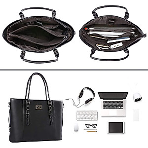 MOSISO PU Leather Laptop Tote Bag for Women (15-16 inch), Black
